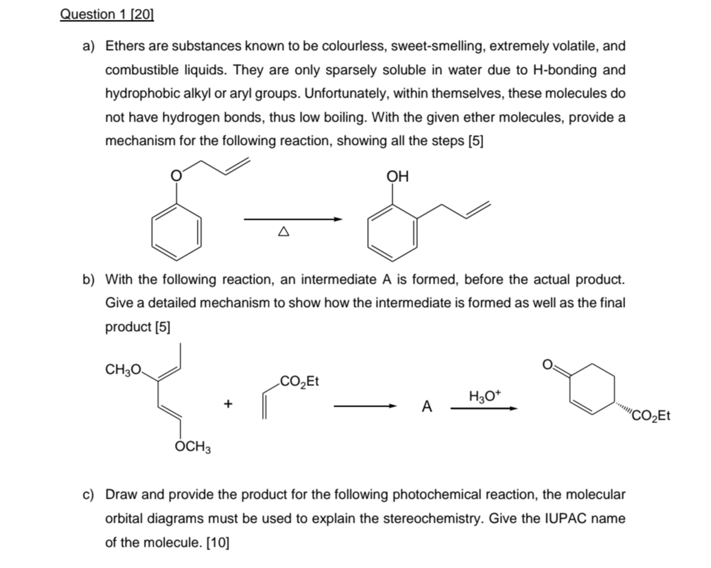 Solved Question 1[20]a) ﻿Ethers are substances known to be | Chegg.com