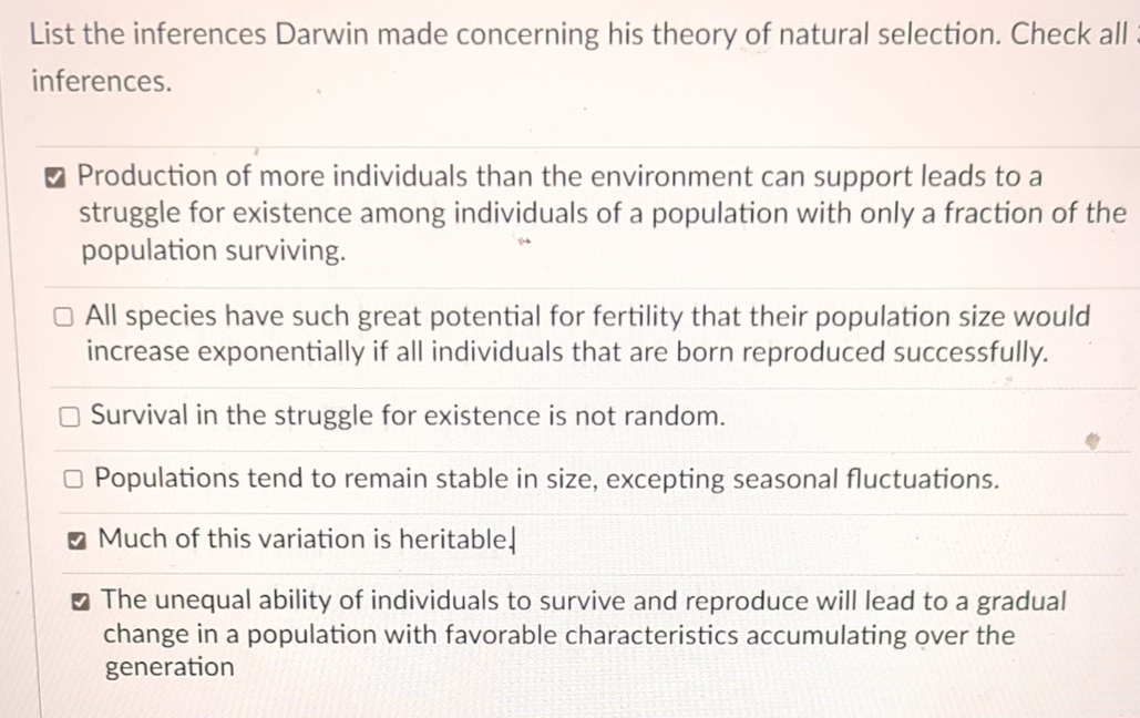 Solved List the inferences Darwin made concerning his theory | Chegg.com
