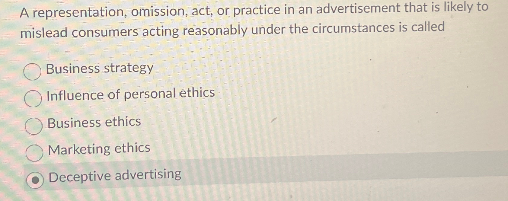 Solved A representation, omission, act, or practice in an | Chegg.com