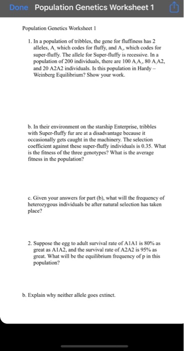 Done Population Genetics Worksheet 1 Population | Chegg.com