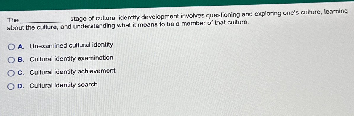 Solved The stage of cultural identity development involves | Chegg.com