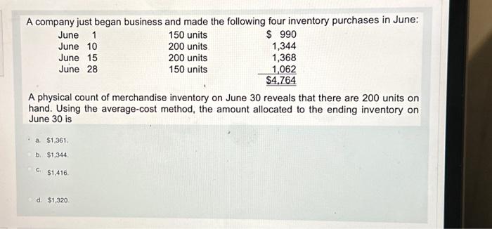 Solved A physical count of merchandise inventory on June 30 | Chegg.com