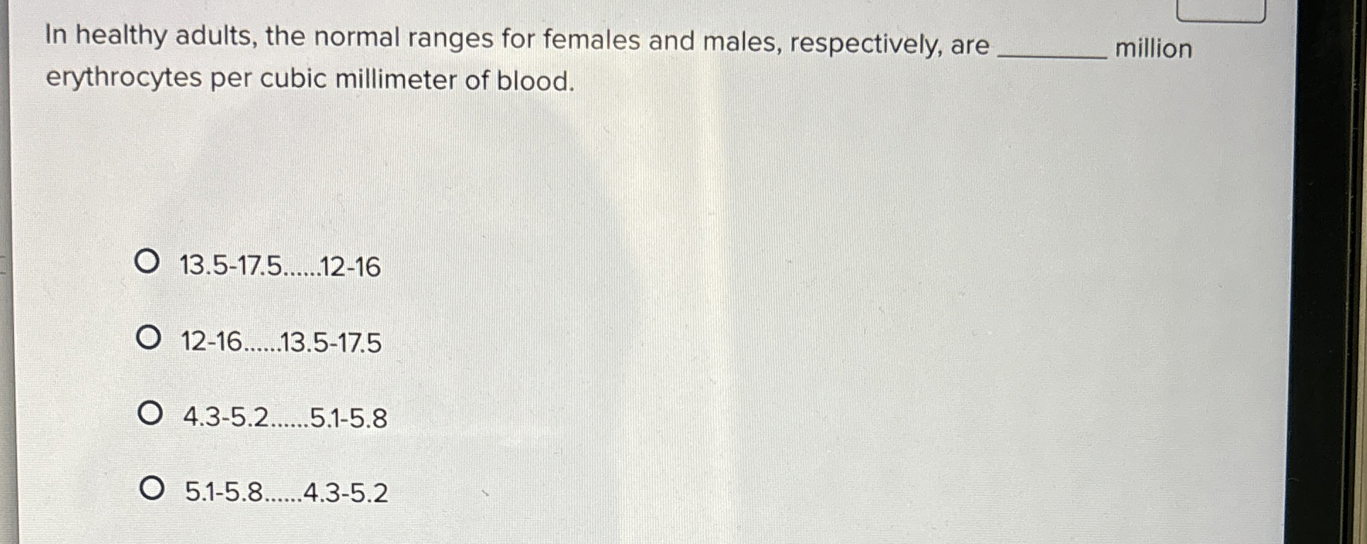 Solved In healthy adults, the normal ranges for females and | Chegg.com