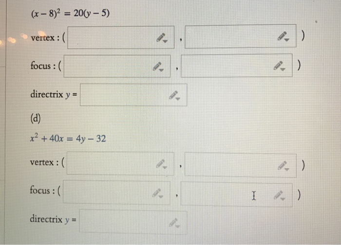 Solved (1 point) Find the vertex, focus, and directrix for | Chegg.com
