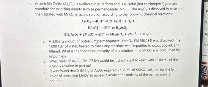 Solved 4. Arsenic(III) Oxide (As2O3) is available in pure | Chegg.com