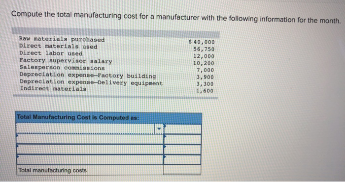 Solved Compute the total manufacturing cost for a | Chegg.com