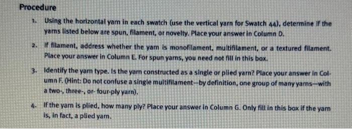 Procedure 1. Using the horizontal yam in each swatch | Chegg.com