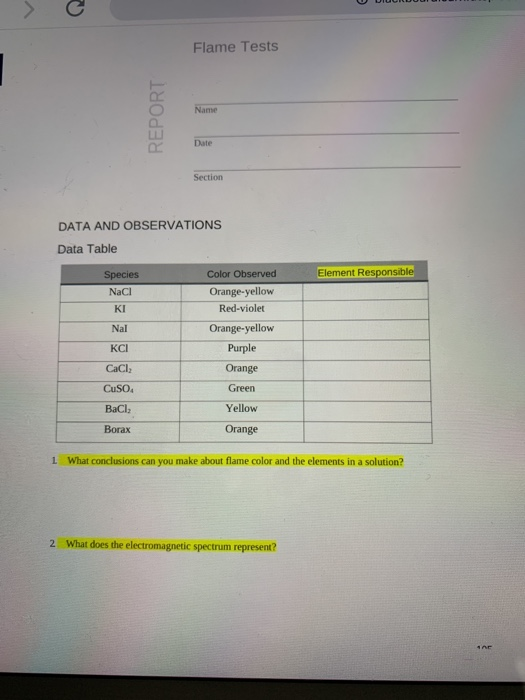 Solved Flame Tests REPORT Name Date Section Element | Chegg.com