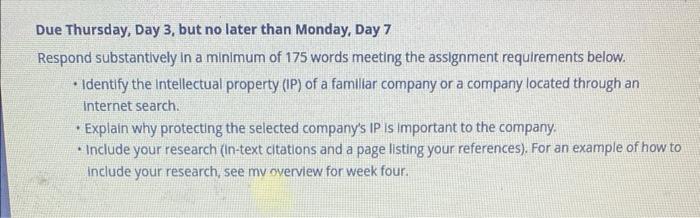 Solved Due Thursday, Day 3 , but no later than Monday, Day 7 | Chegg.com