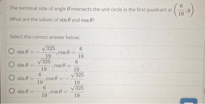 Solved The terminal side of angle θ intersects the unit | Chegg.com