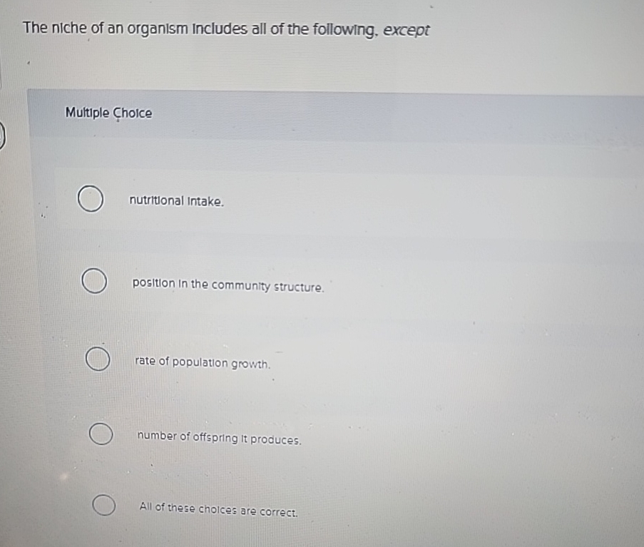 Solved The niche of an organism Includes all of the | Chegg.com