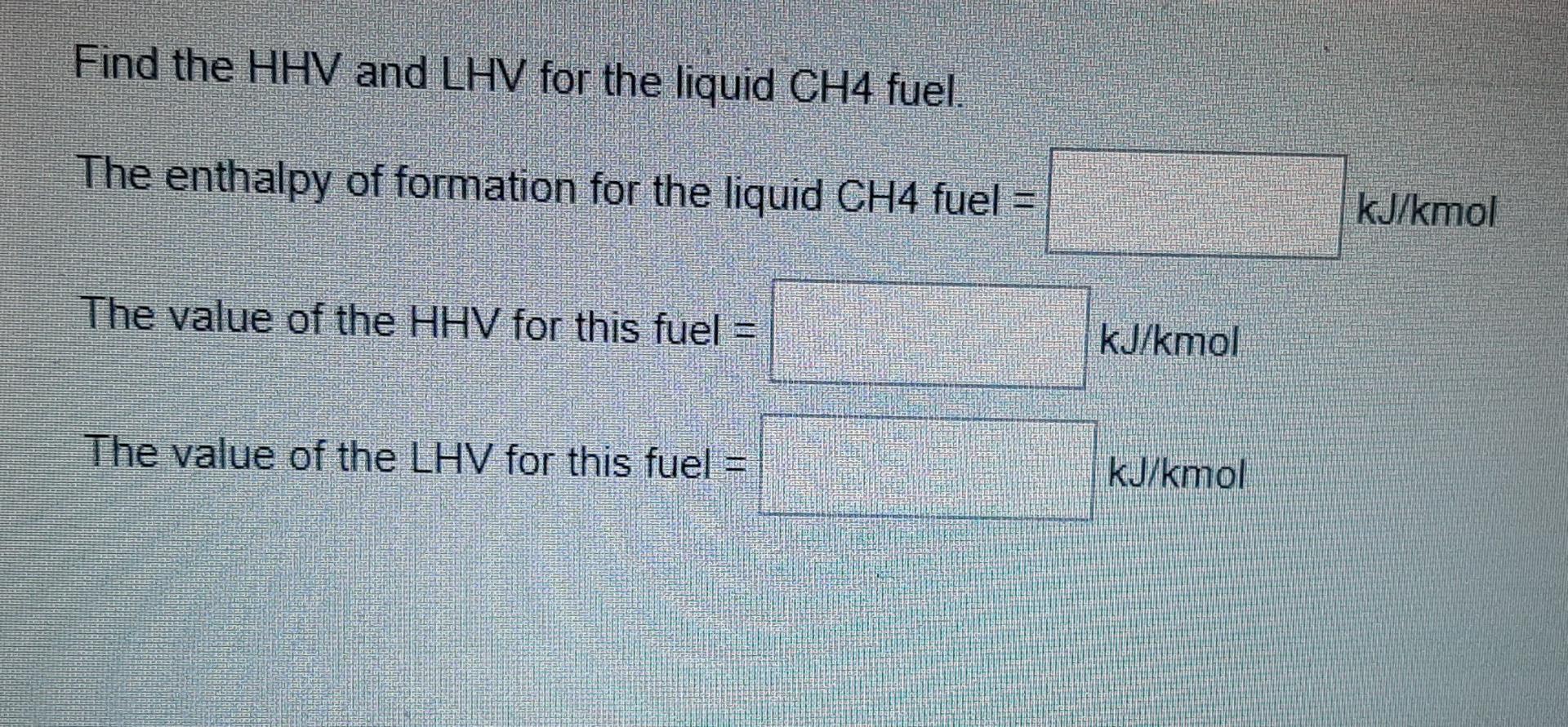 Solved Find the HHV and LHV for the liquid CH4 fuel The | Chegg.com