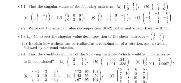 8.7.1. Find the singular values of the following | Chegg.com