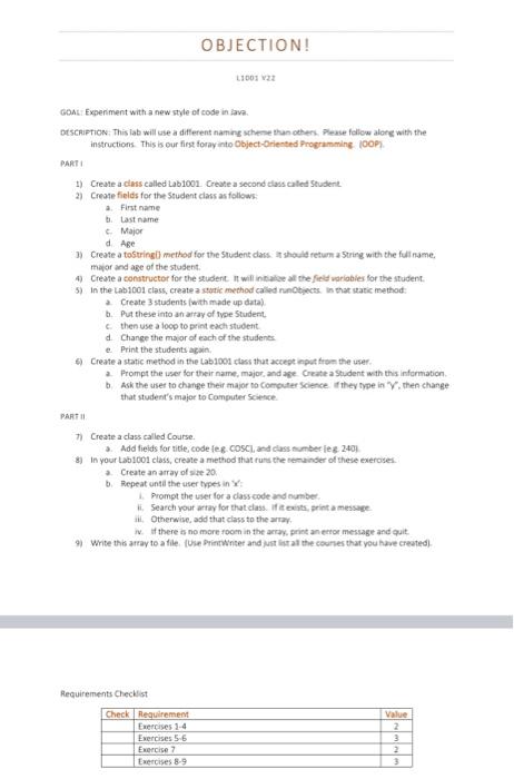 Solved 1) Create a class called Lab1001. Create a second | Chegg.com