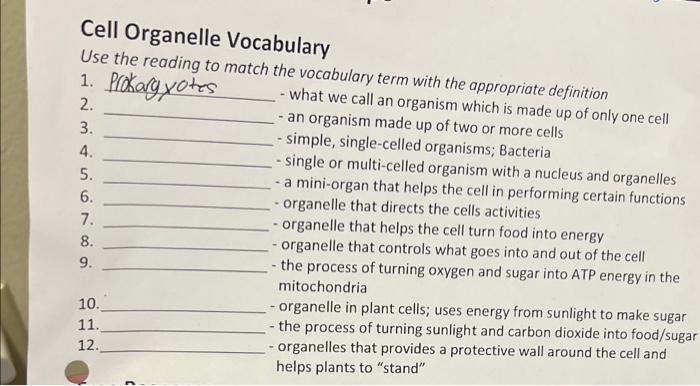 Cell Organelle Vocabulary Use the reading to match | Chegg.com