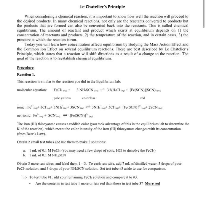 Solved Le Chatelier's Principle When considering a chemical | Chegg.com