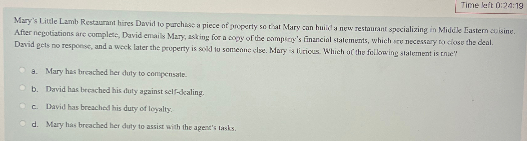Solved Time left 0:24:19Mary's Little Lamb Restaurant hires | Chegg.com