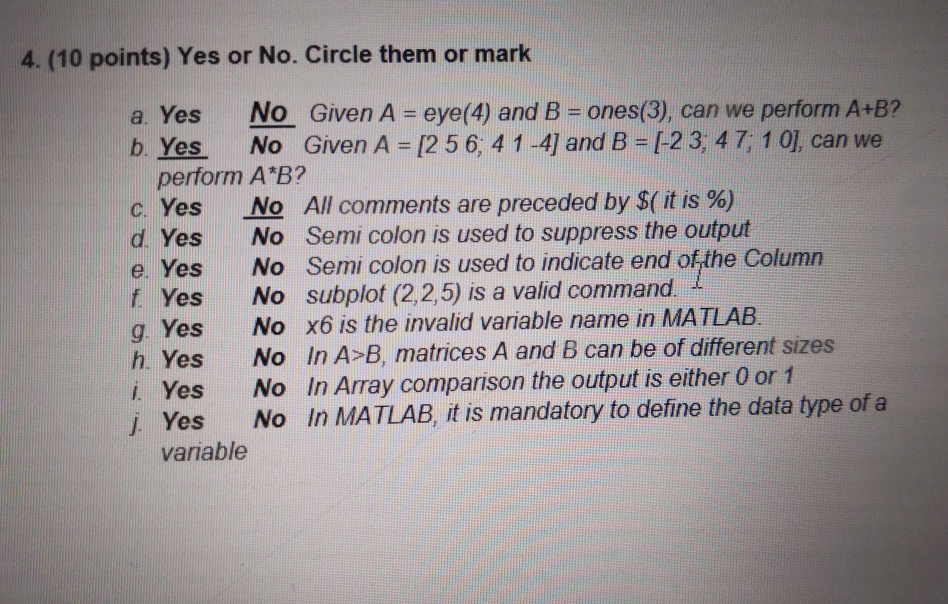 Solved 4. (10 points) Yes or No. Circle them or mark a. Yes | Chegg.com