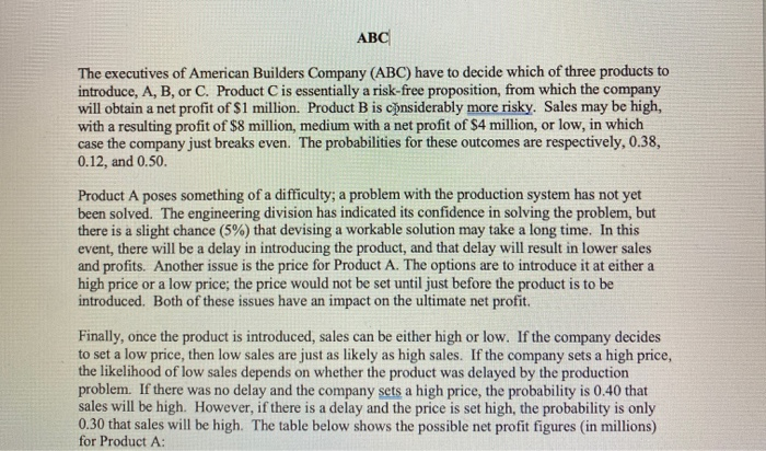 Solved ABC The executives of American Builders Company (ABC) | Chegg.com