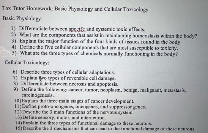 Solved Tox Tutor Homework: Basic Physiology and Cellular | Chegg.com