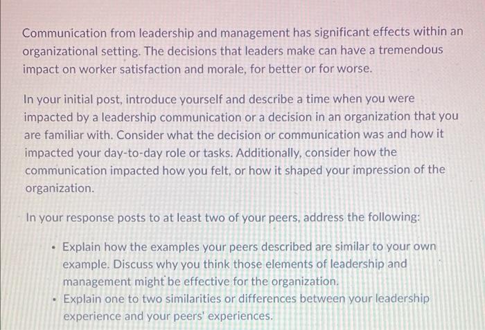 Solved Communication from leadership and management has | Chegg.com