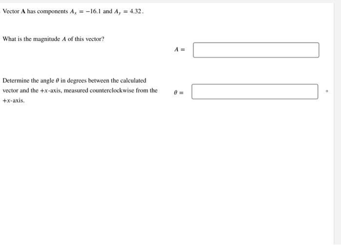 Solved Vector A has components Ax=−16.1 and Ay=4.32. What is | Chegg.com