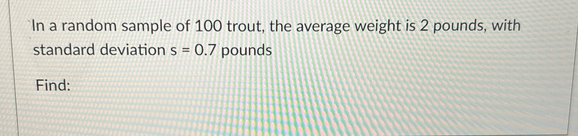 Solved In a random sample of 100 ﻿trout, the average weight | Chegg.com