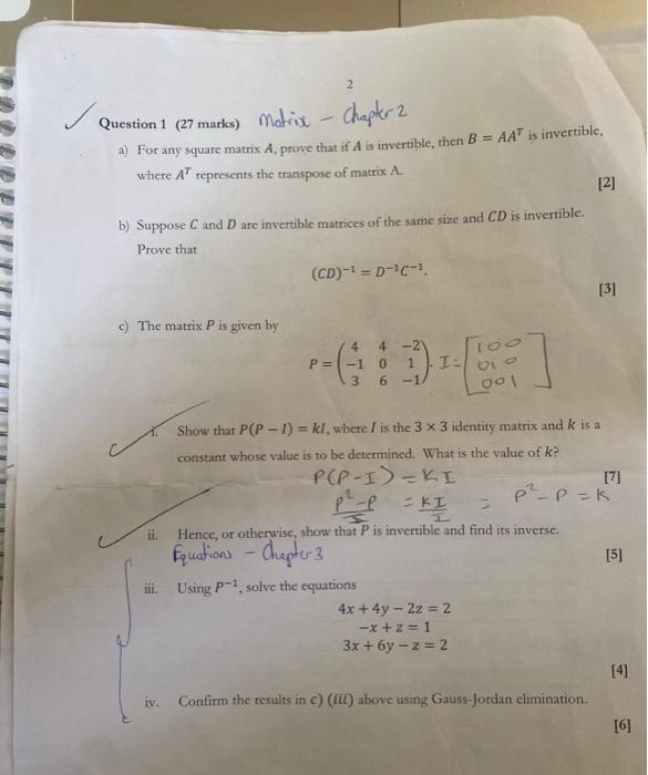 Solved 2uestion 1 (27 marks) Matrix - Chapter 2 a) For any | Chegg.com
