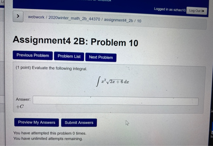 Solved Logged in as szhao10 Log Out webwork / | Chegg.com