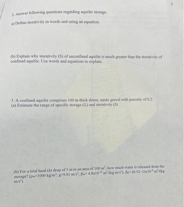 Solved 2. Answer following questions regarding aquifer | Chegg.com