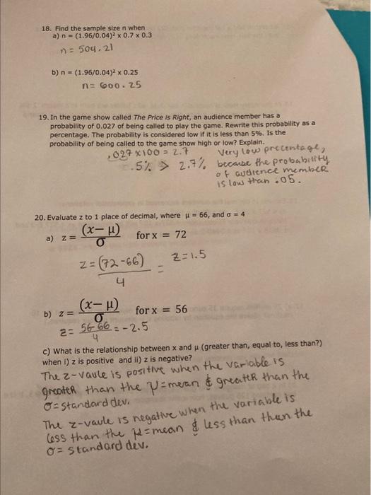 Solved 18. Find the sample size n when a) | Chegg.com