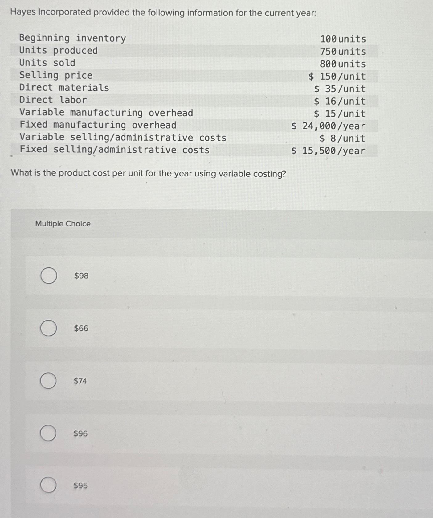 Solved Hayes Incorporated provided the following information | Chegg.com