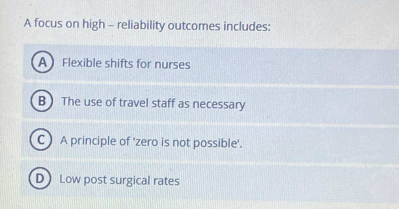 Solved A focus on high - ﻿reliability outcomes includes: | Chegg.com