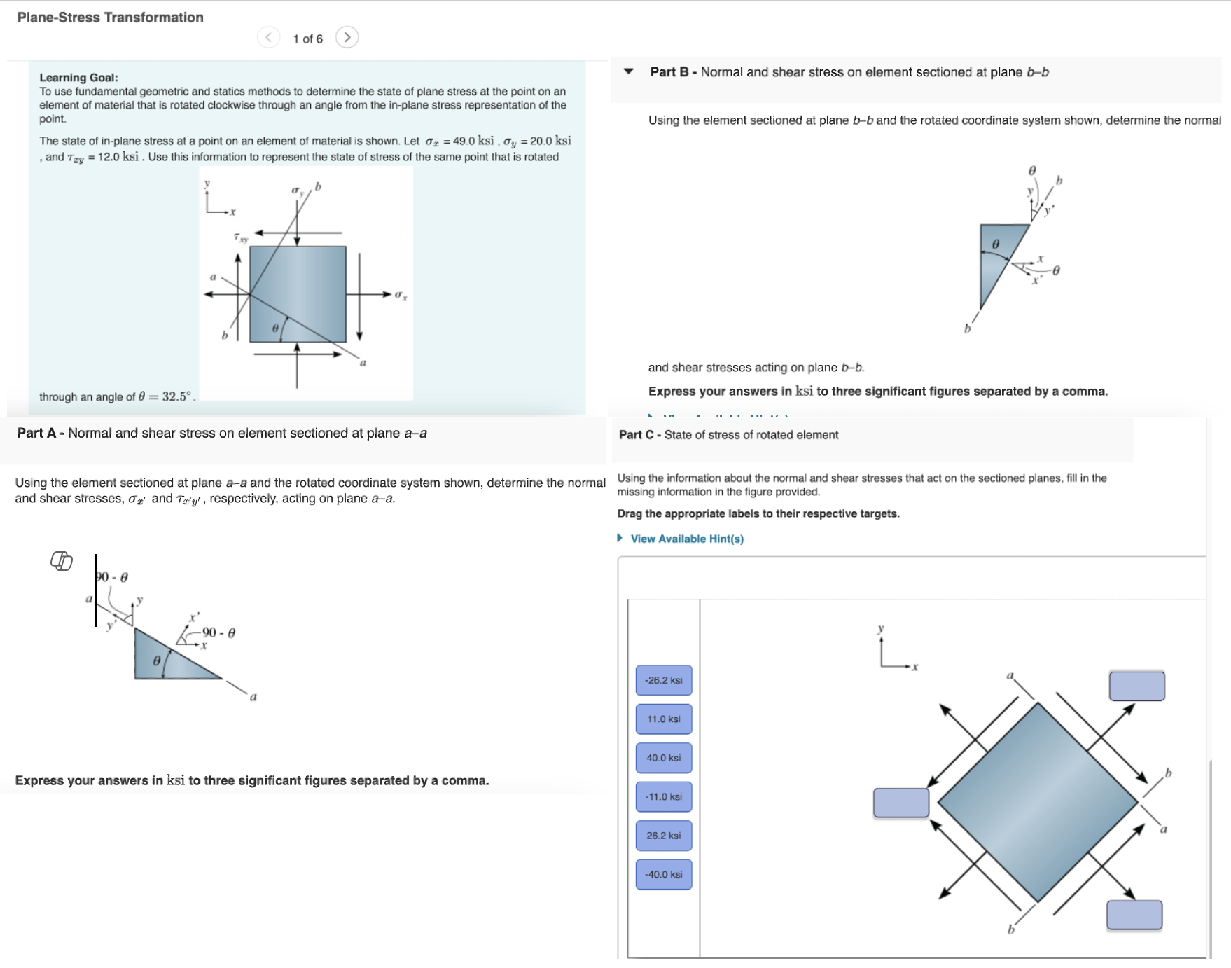 Solved Part B - ﻿Normal and shear stress on element | Chegg.com