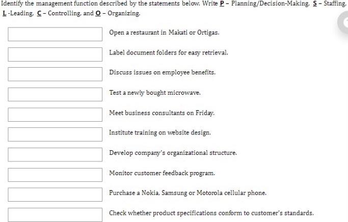 Solved Identify the management function described by the | Chegg.com