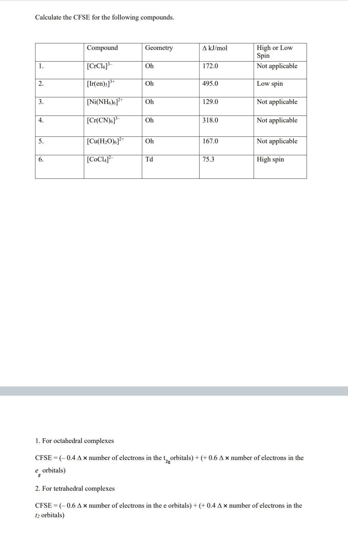 Solved Calculate the CFSE for the following | Chegg.com