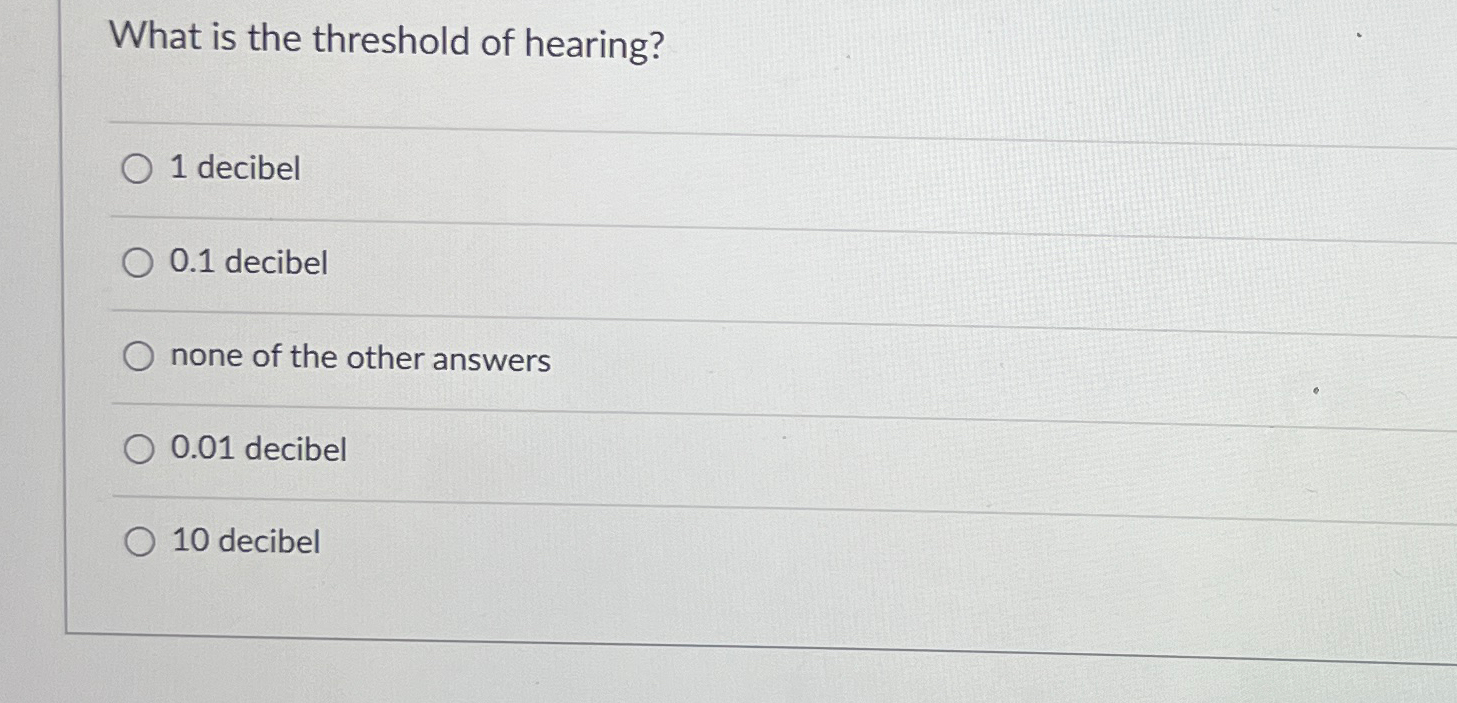 Solved What is the threshold of hearing?1 ﻿decibel0.1 | Chegg.com