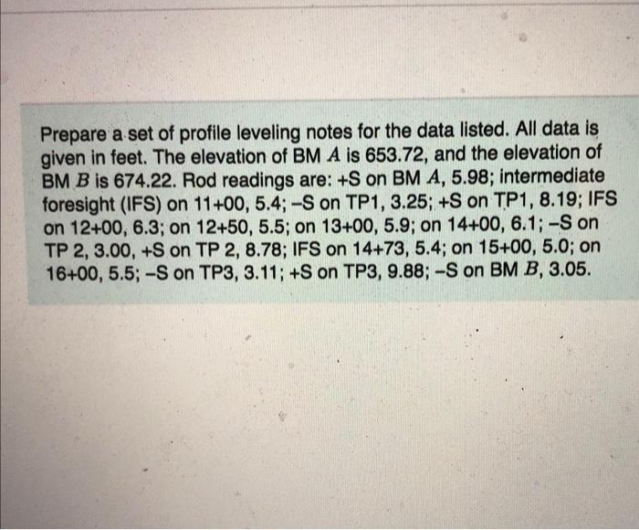 Solved Prepare a set of profile leveling notes for the data | Chegg.com