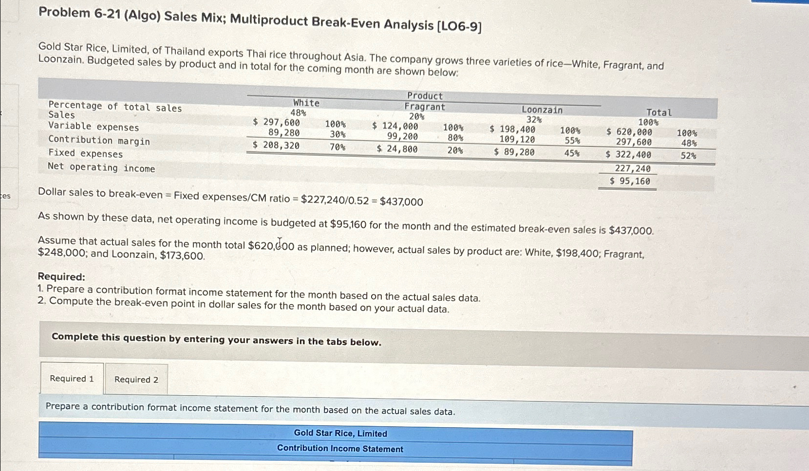 Solved Problem 6-21 (Algo) ﻿Sales Mix; Multiproduct | Chegg.com