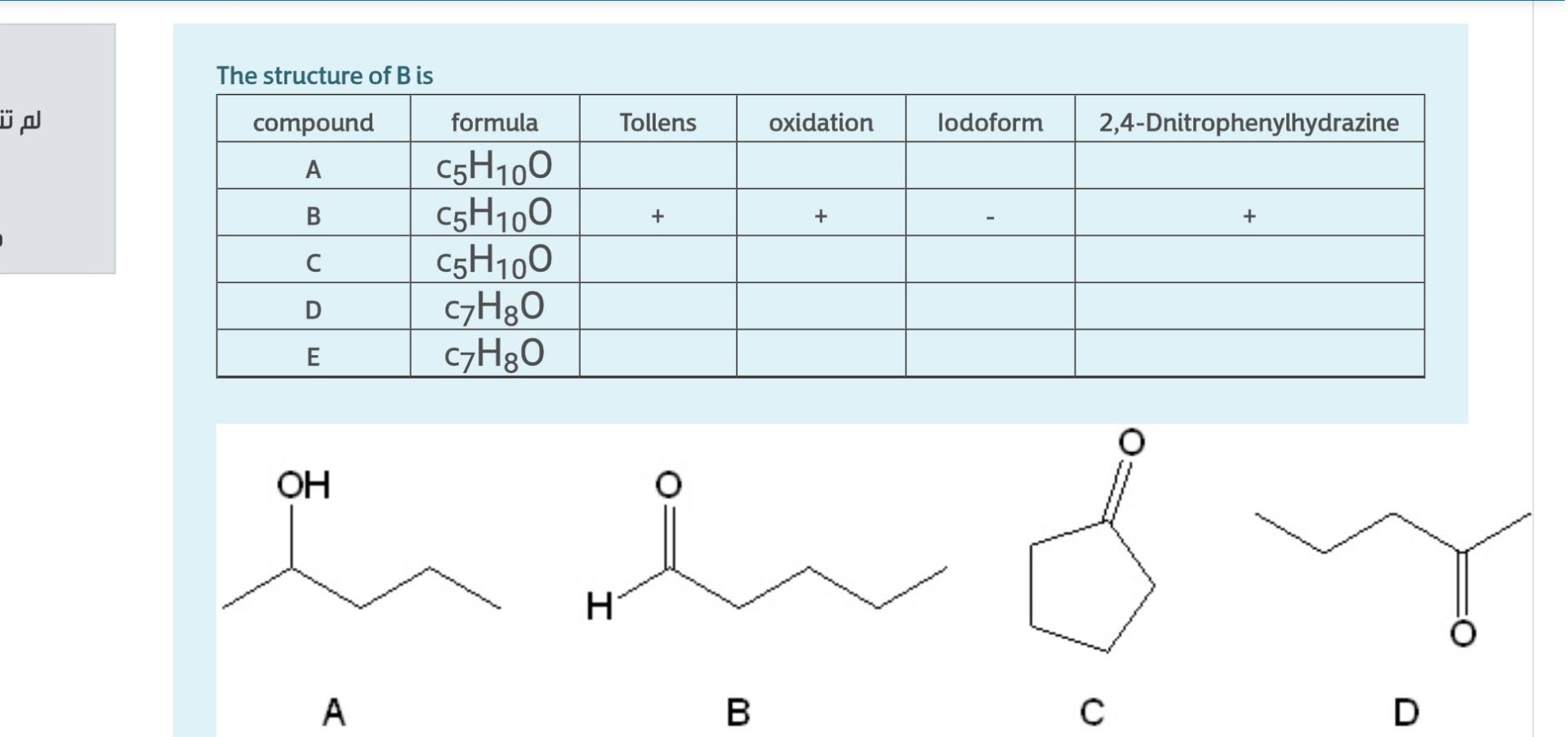 Solved The structure of B is لم تن compound formula Tollens | Chegg.com