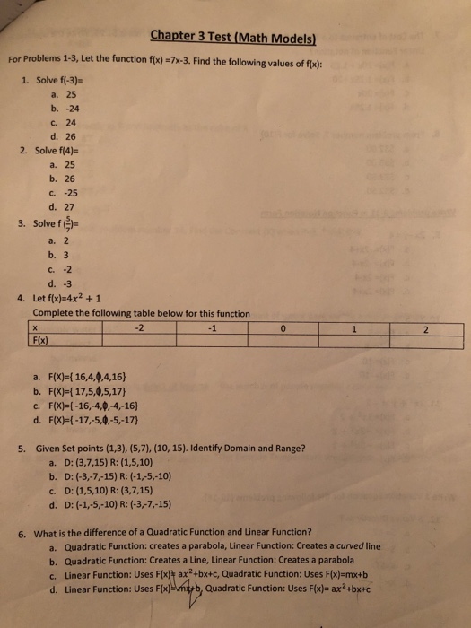Solved Chapter 3 Test (Math Models) For Problems 1-3, Let | Chegg.com
