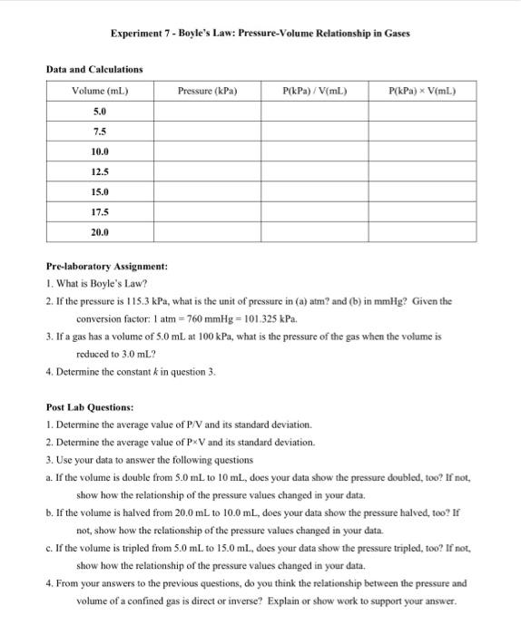 Solved Experiment 7 - Boyle's Law: Pressure-Volume | Chegg.com