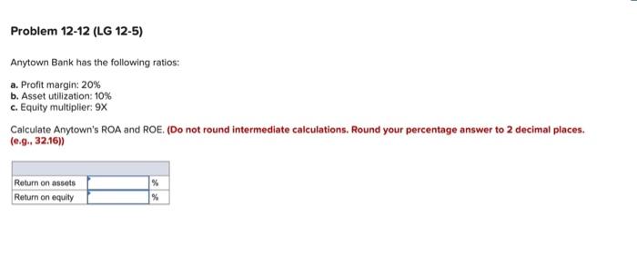 Solved Anytown Bank Has The Following Ratios A Profit