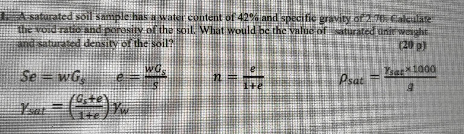 Solved 1. A saturated soil sample has a water content of 42% | Chegg.com