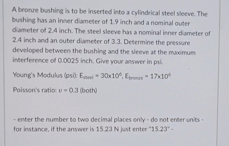 Solved A bronze bushing is to be inserted into a cylindrical | Chegg.com