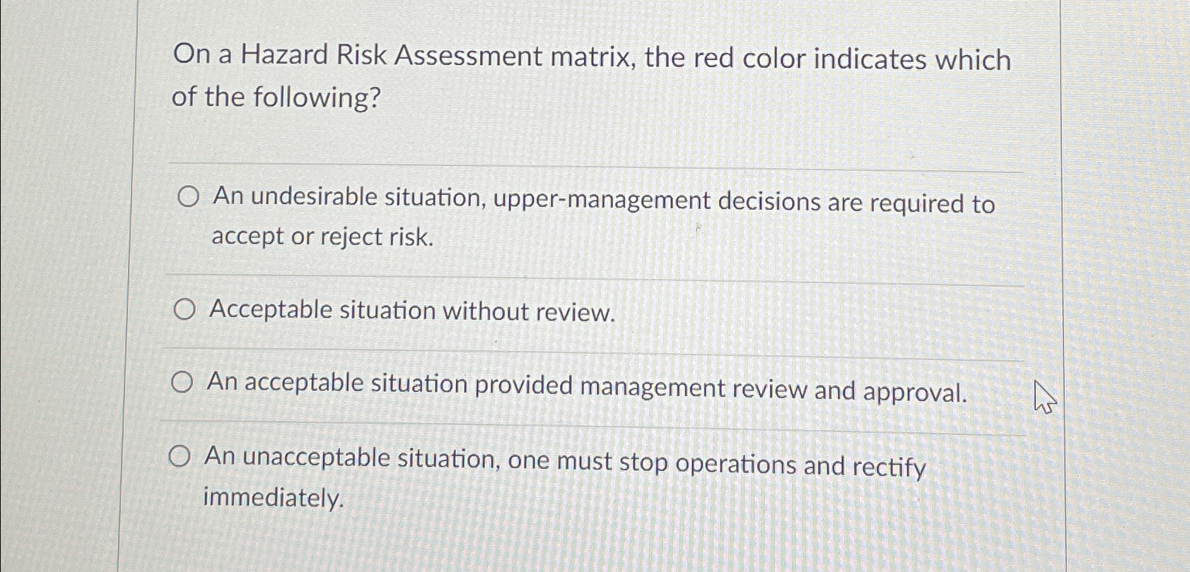 Solved On a Hazard Risk Assessment matrix, the red color | Chegg.com