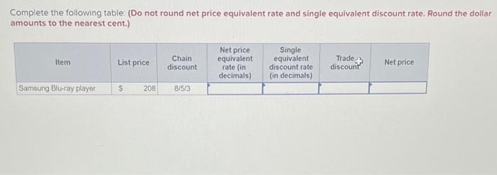 Solved Complete the following table: (Do not round net price | Chegg.com