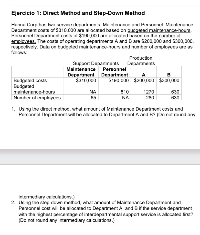 Solved Ejercicio 1: Direct Method and Step-Down MethodHanna | Chegg.com