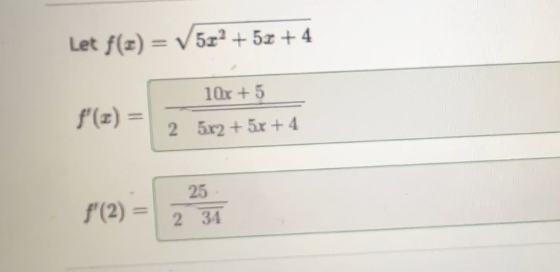 Solved Let f(x)=5x2+5x+42f'(x)=)(f'(2)= | Chegg.com Solved Let f(x)=5x2+5x+42f'(x)=)(f'(2)= | Chegg.com