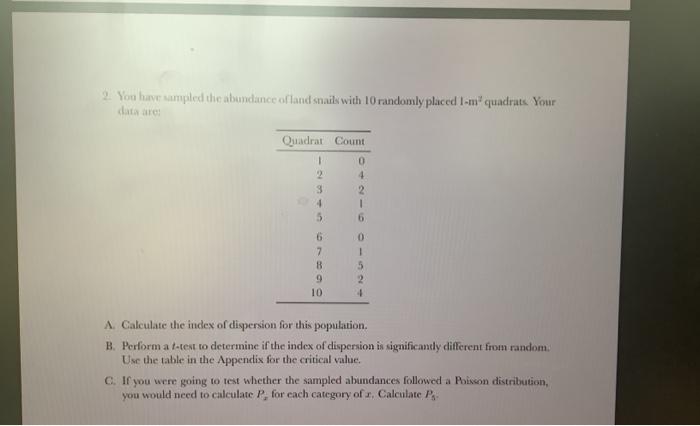 Solved 2. You have sumpled the abundance ofland snails with | Chegg.com